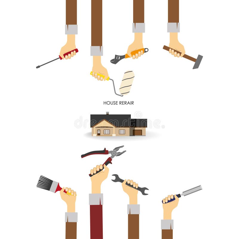 Hands with Tools and House Drawing on White Background. Home Rep Stock ...