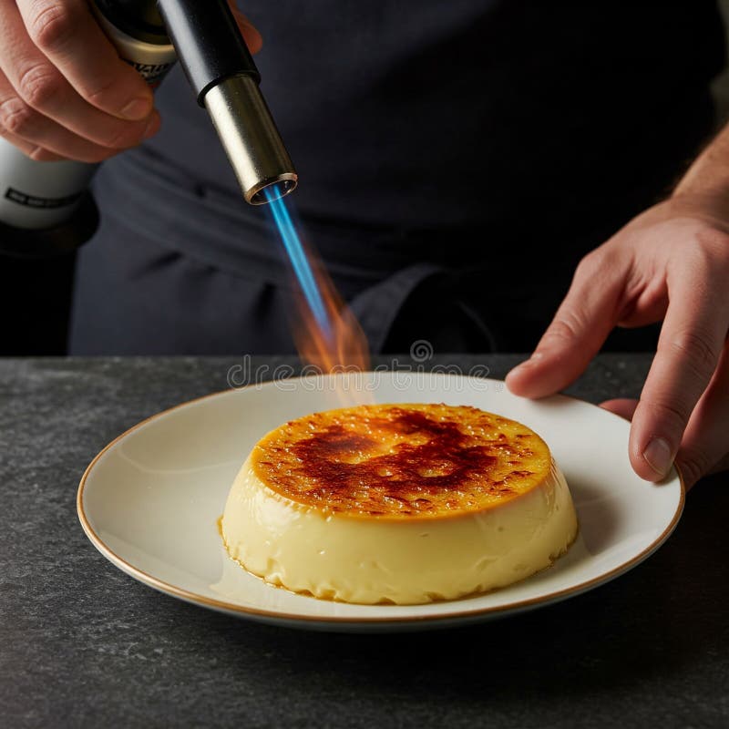 Hands Torching Crème Brûlée with a Kitchen Blowtorch, Caramelizing the ...