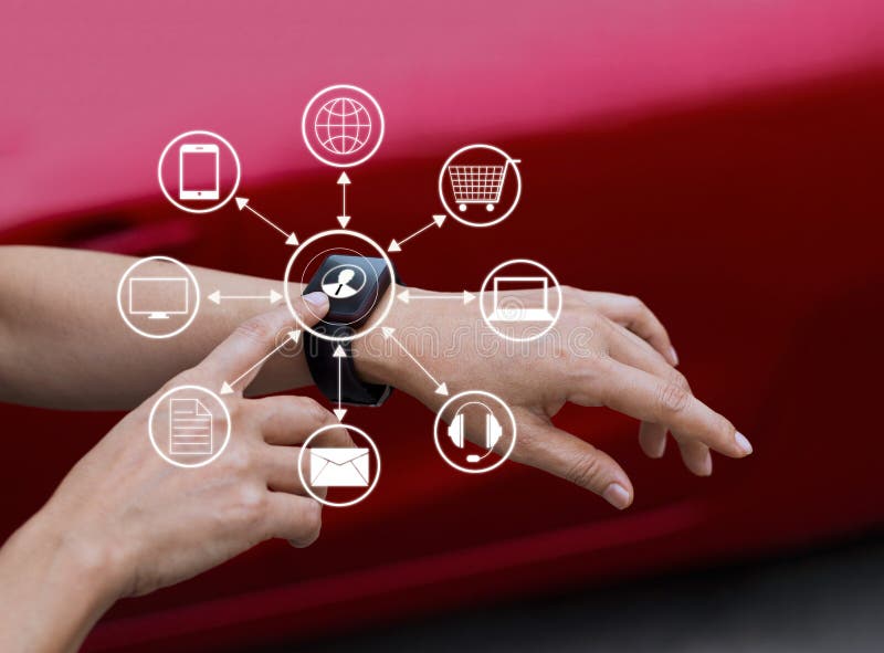 Hands Touch Icon Customer Network Connection on Smart Watch, Omni ...
