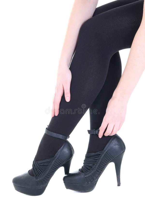 Hands Touch Legs in Black Tights Stock Image - Image of legs, heels ...
