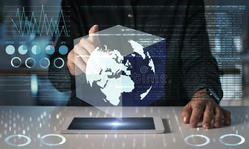 Tablet Hologram, Global Network or Man Hands with World Analysis of ...