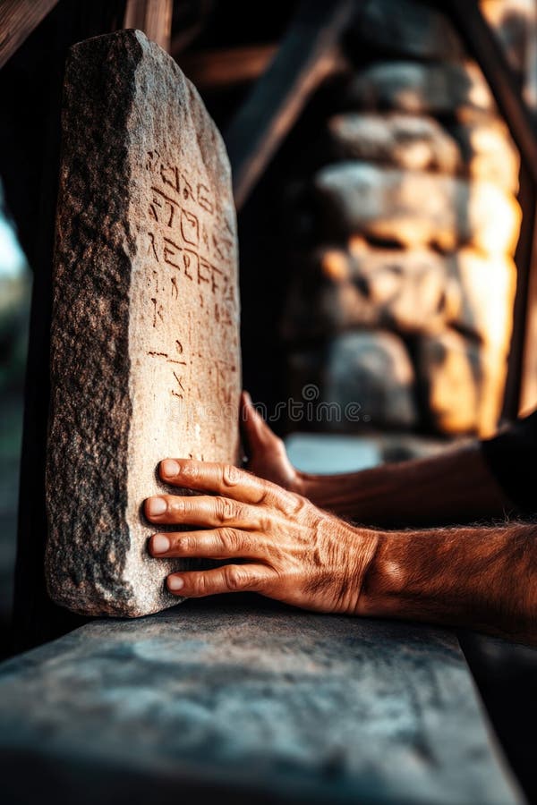 Hands Touching Ancient Stone Tablet with Carvings in Warm Sunset Light ...