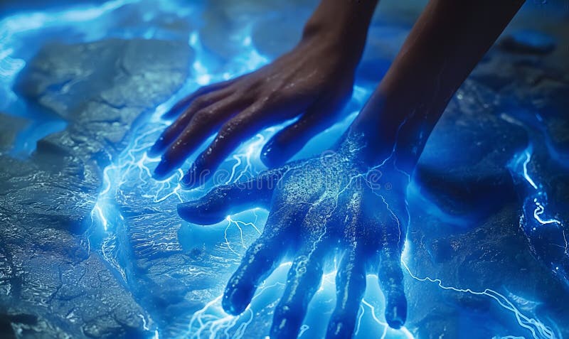 Hands Touching Blue Electric Current Stock Image - Image of vibrant ...