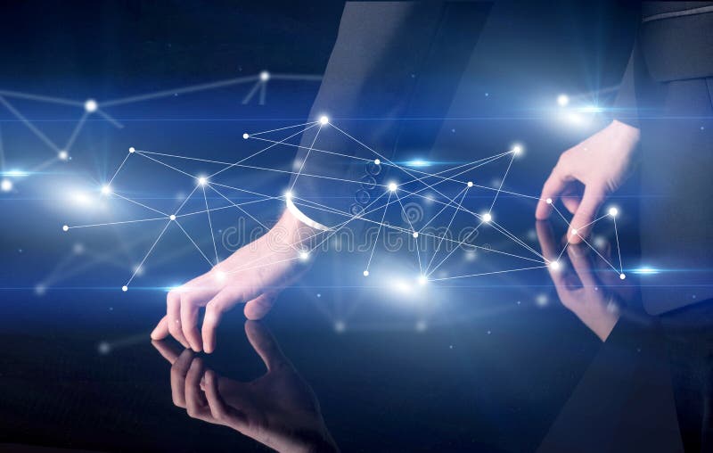 Hands Touching Interactive Table Stock Image - Image of network ...