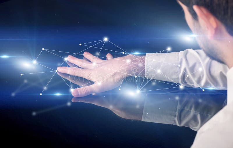 Hands Touching Interactive Table Stock Image - Image of background ...