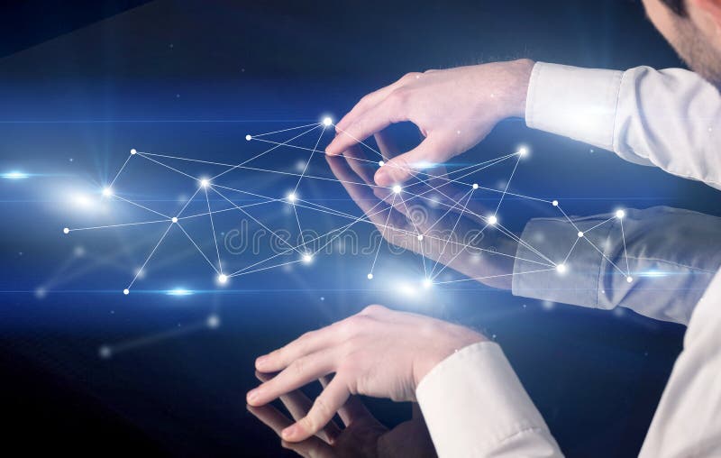 Hands Touching Interactive Table Stock Image - Image of blue, hand ...