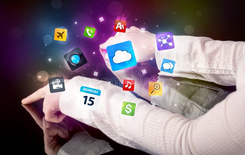 Hands Touching Interactive Table Stock Photo - Image of display, light ...