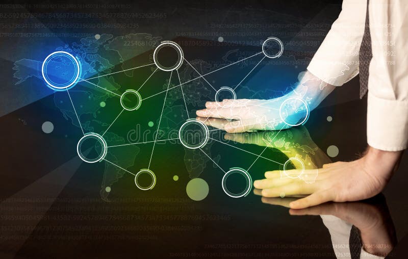 Hands Touching Interactive Table Stock Image - Image of light ...
