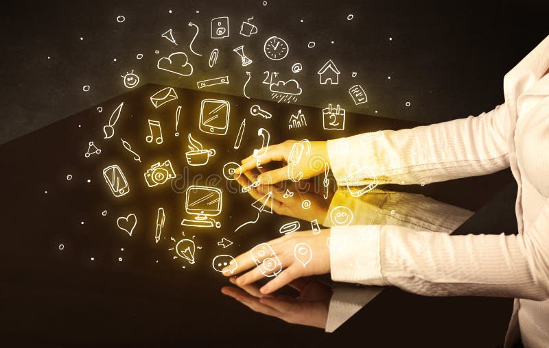 Hands Touching Interactive Table Stock Image - Image of caucasian ...