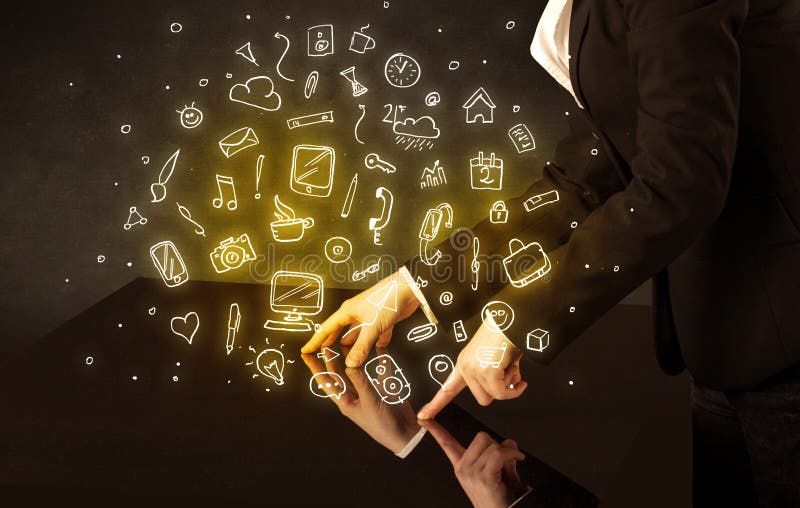 Hands Touching Interactive Table Stock Image - Image of light, concept ...