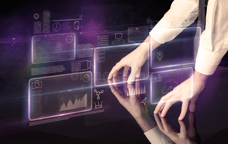 Hands Touching Interactive Table Stock Image - Image of hands, data ...