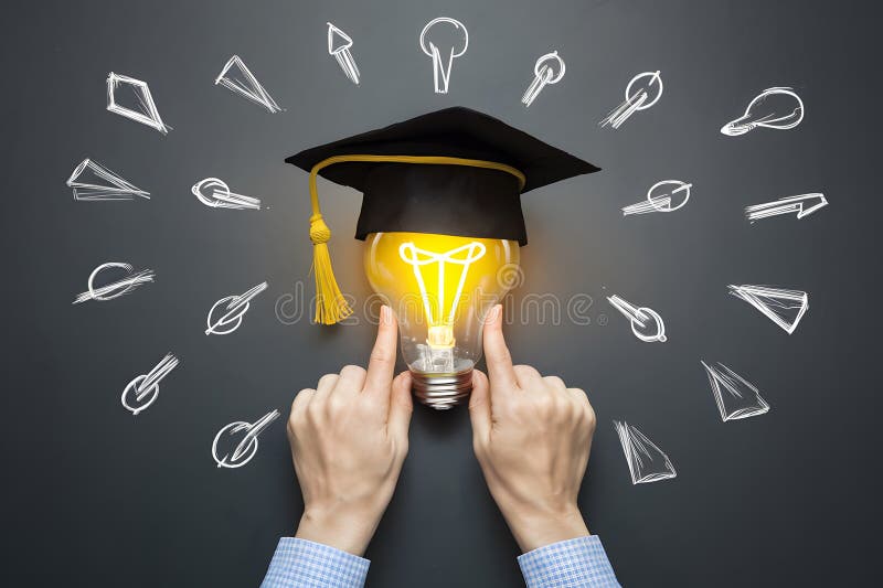 Hands Touching Light Bulb with Graduation Hat, Symbolizing Education ...