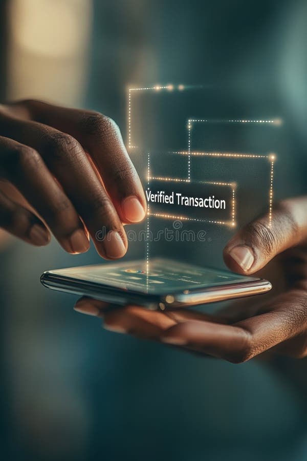 Hands Touching Mobile Screen Displaying Verified Transaction with Glowing Elements Related To ...