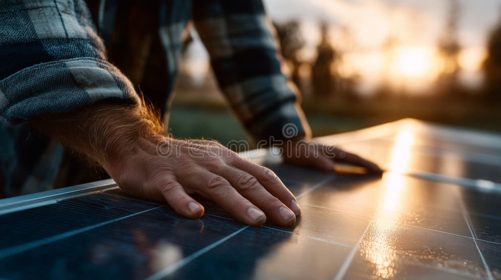 Hands Touching Solar Panel in Sunset Light Stock Photo - Image of ...