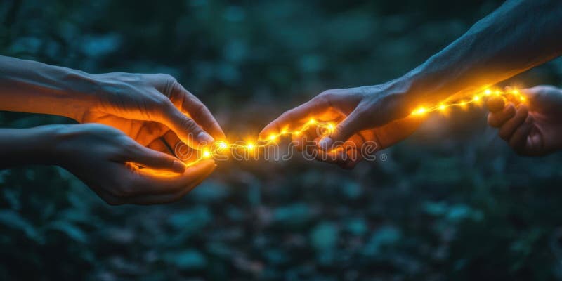 Hands Touching String Lights Show Connection and the Spirit of ...