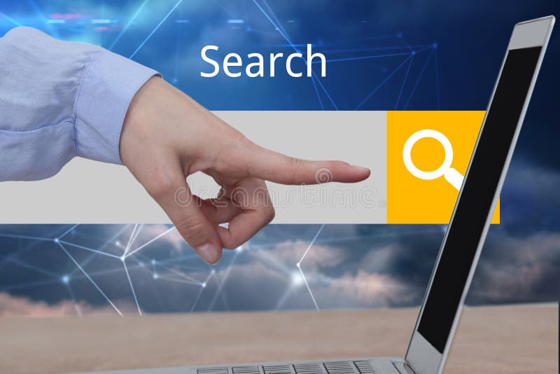 Hands Touching A Tablet In Front Of Digital Search Bar Background Stock ...