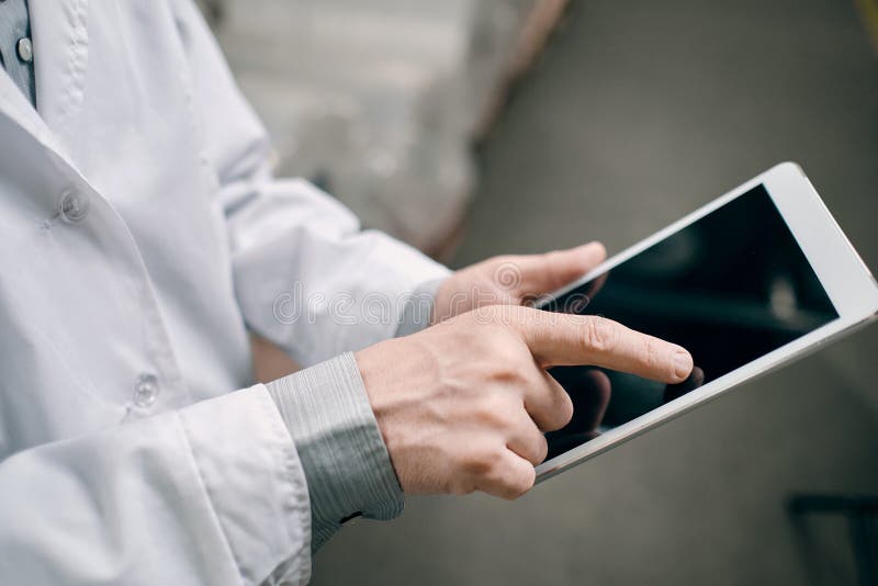 Hands Touching Tablet Screen, Working at Factory Stock Photo - Image of ...