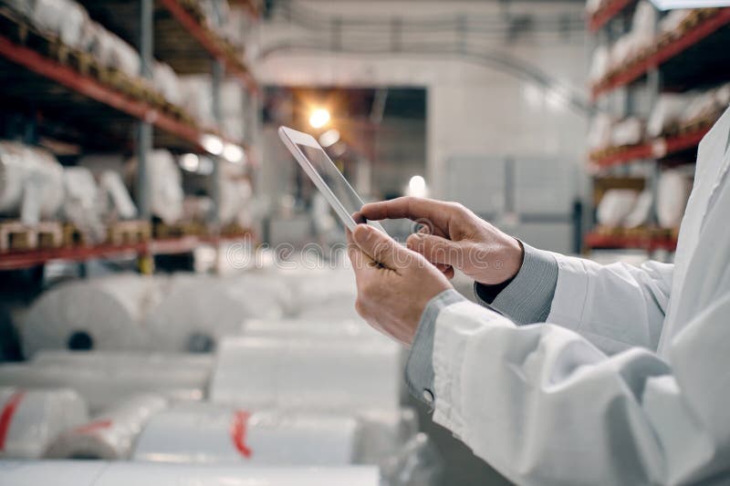 Hands Touching Tablet Screen, Working at Factory Stock Image - Image of ...