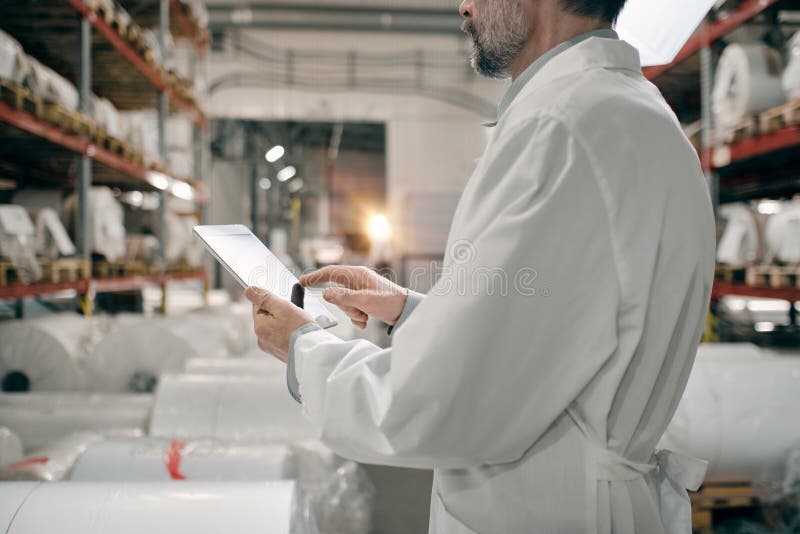 Hands Touching Tablet Screen, Working at Factory Stock Photo - Image of ...