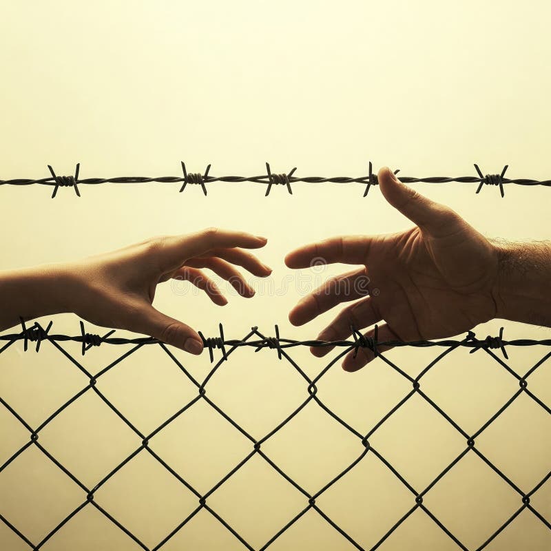 Hands Trying To Touch through Barbed Wire. Stock Photo - Image of ...