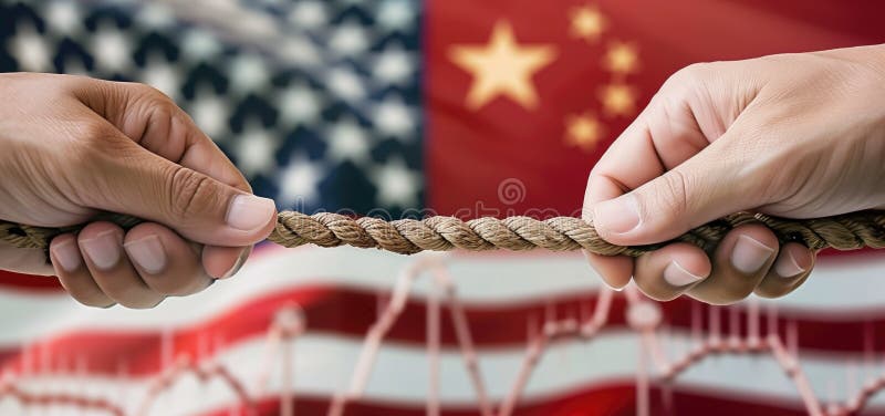 Hands Tugging Rope in Front of American and Chinese Flags Symbolizing ...