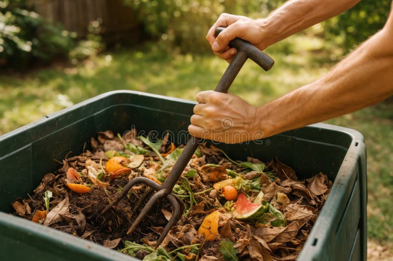 Hands Turn Rich Compost Using a Garden Tool in a Backyard Bin ...