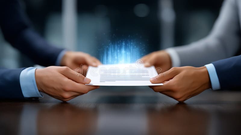 Hands from Two Individuals Exchanging a Paper Report in a Modern Office ...
