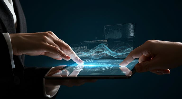 Hands of Two Individuals Interact with a Digital Tablet, Projecting ...