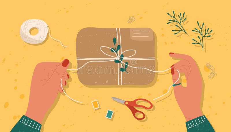 Hands Tying a Brown Box or Package with String Stock Vector ...