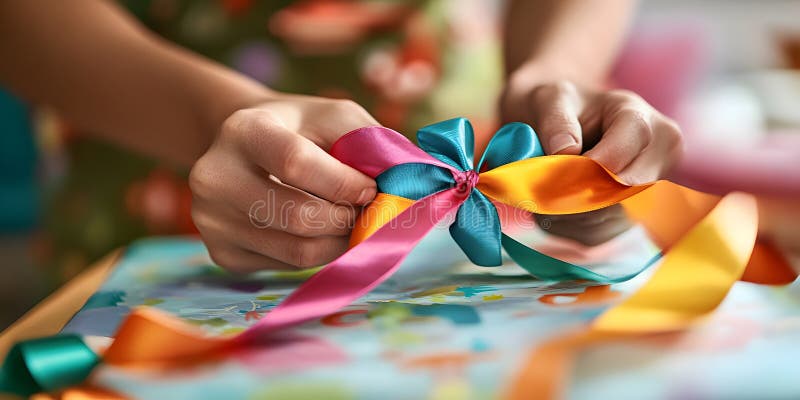 Hands Tying Colorful Ribbon Bow on Gift Stock Illustration ...
