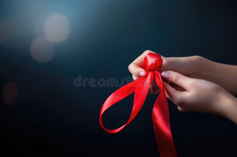 Hands Tying Red Ribbon on Dark Background Stock Photo - Image of grace ...