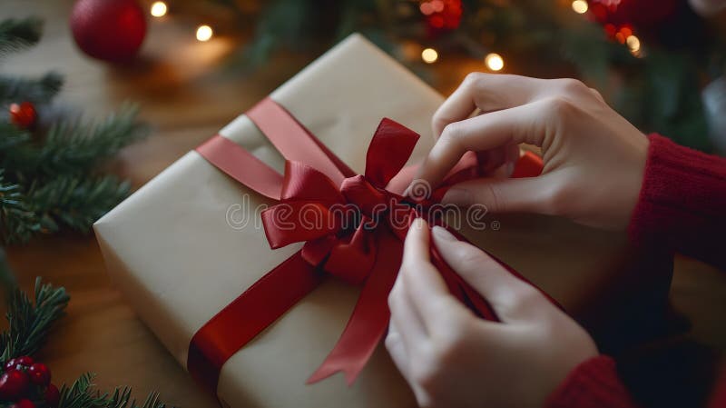 Hands Tying a Red Ribbon on a Wrapped Gift Box Stock Illustration ...