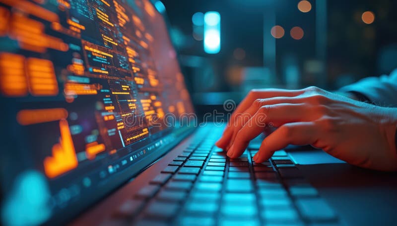 Hands Type Code On Laptop With Data Analytics Software Interface Programmer Works On Computer