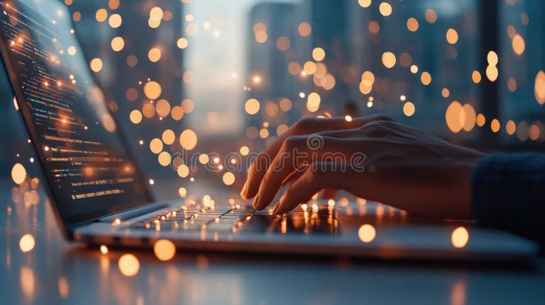 Hands Type on Computer Keys. Cybersecurity Awareness Code on Screen. Abstract Lights Around ...