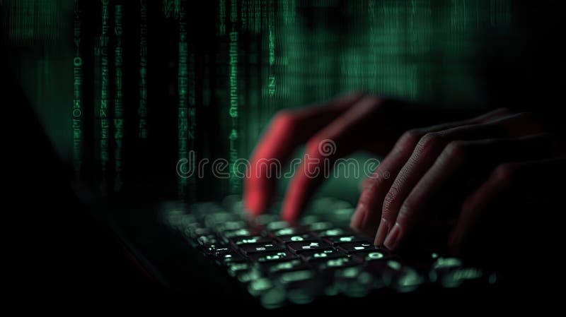 Hands Type on a Glowing Keyboard with a Matrix-style Code Overlay ...