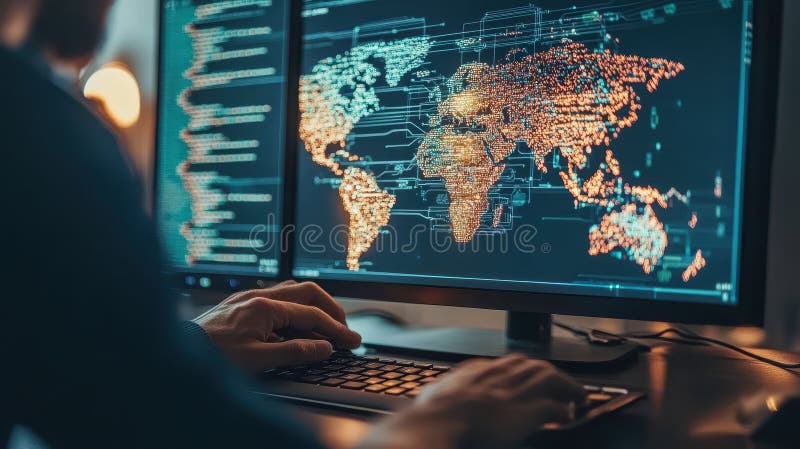 Hands Type on Keyboard Looking at World Map and Code on Screens. Data Awareness Shown for Global ...