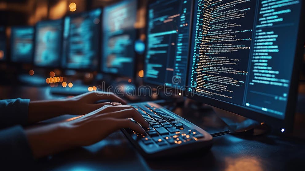 Hands Type on Keyboard. Person Codes on Computer. Night Time. Focus on Person Typing. Multiple ...