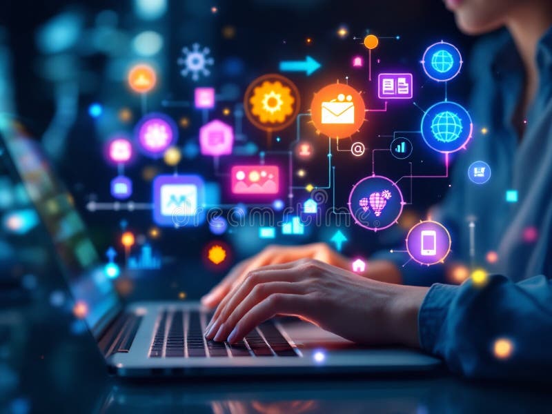Hands Type on a Laptop, with Colorful Digital Icons Floating Above ...