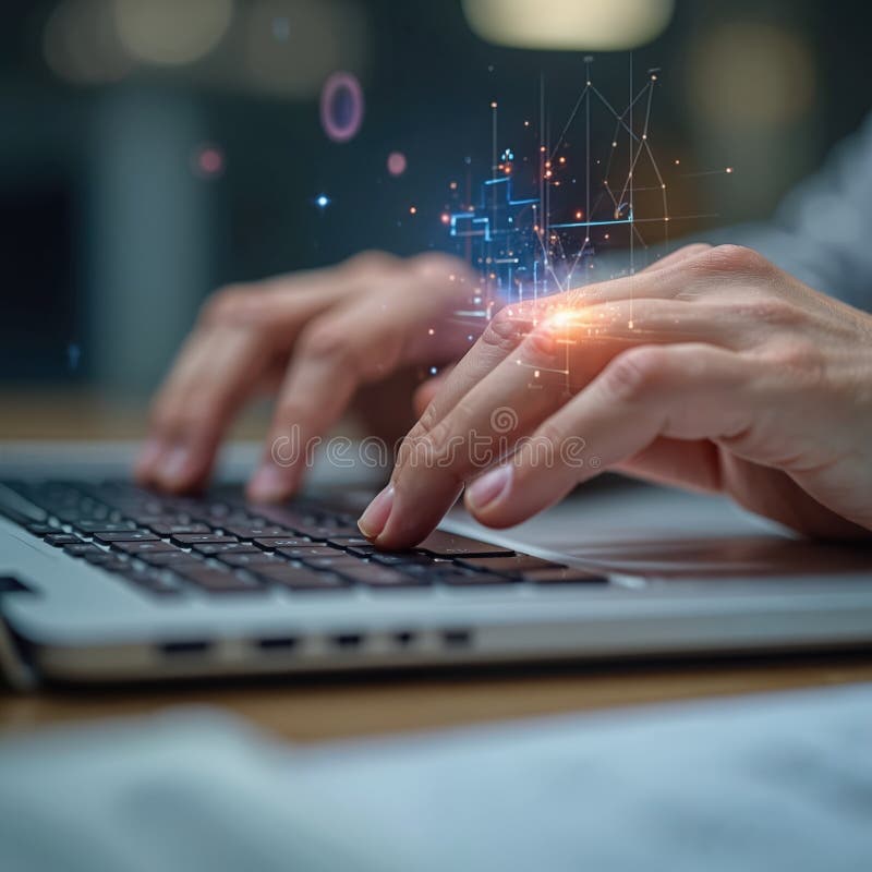 Hands Type on Laptop Keyboard. Computer User Works at Office, Typing ...