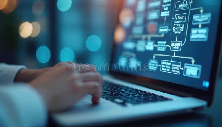 Hands Type on Laptop Keyboard with Flowchart Displayed on Screen ...