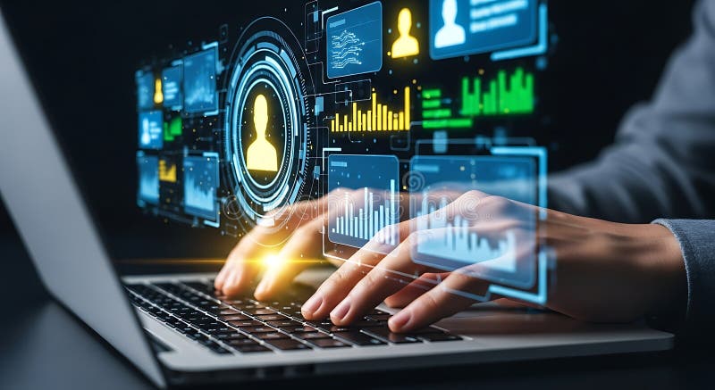 Hands on Laptop with Digital Interface Displaying Data Analytics Charts ...