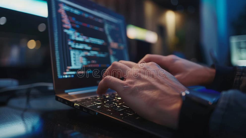 Close-up of Programmer Coding at Night. AI Generated Stock Image ...