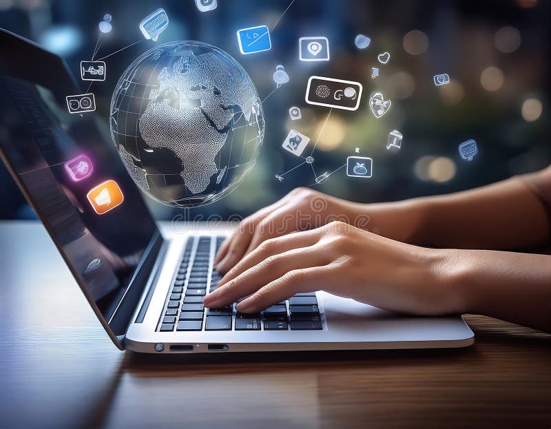 Hands Type on a Laptop Social Media Icons Float Above the Keyboard ...