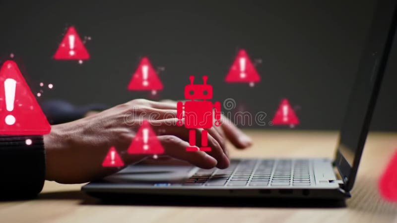 Cyber Attack Alert: AI Bot Hacking Laptop with Digital Warning Signs ...