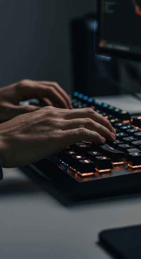 Hands Typing on Backlit Gaming Keyboard in Dark Workstation Setting ...