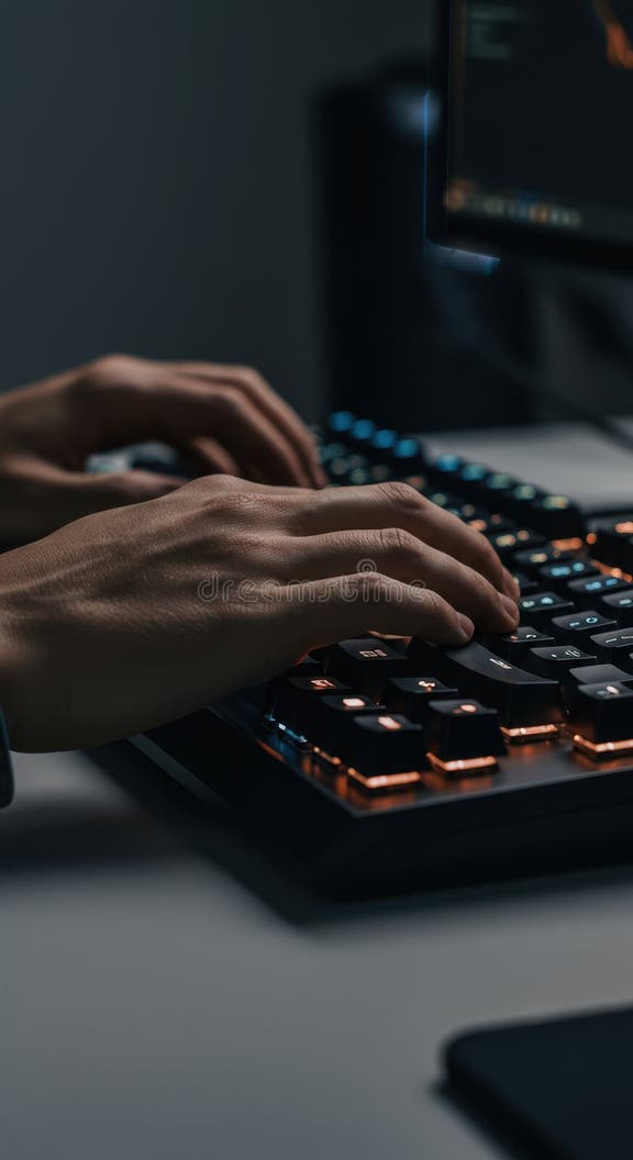 Hands Typing on Backlit Gaming Keyboard in Dark Workstation Setting ...