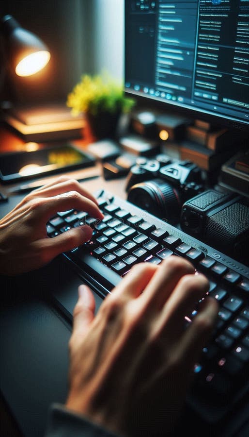 Hands Typing on a Backlit Keyboard with a Camera beside, in a Tech ...
