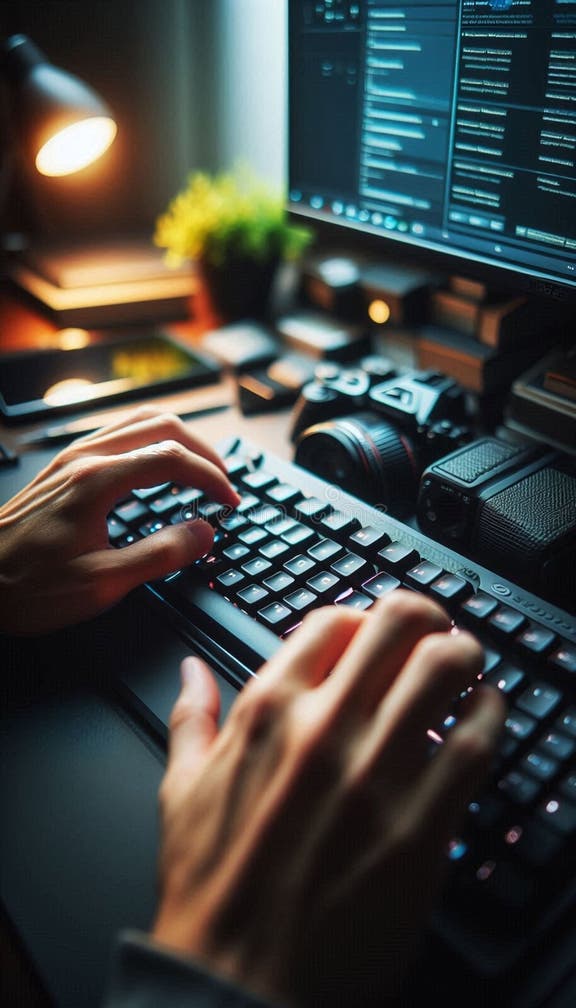 Hands Typing on a Backlit Keyboard with a Camera beside, in a Tech ...