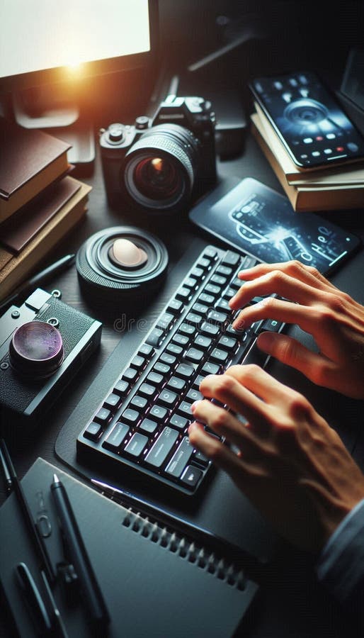 Hands Typing on a Backlit Keyboard with a Camera beside, in a Tech ...