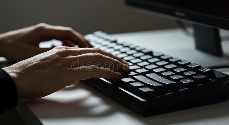 Typing on Black Keyboard with Hands Indoors for Technology Concept ...